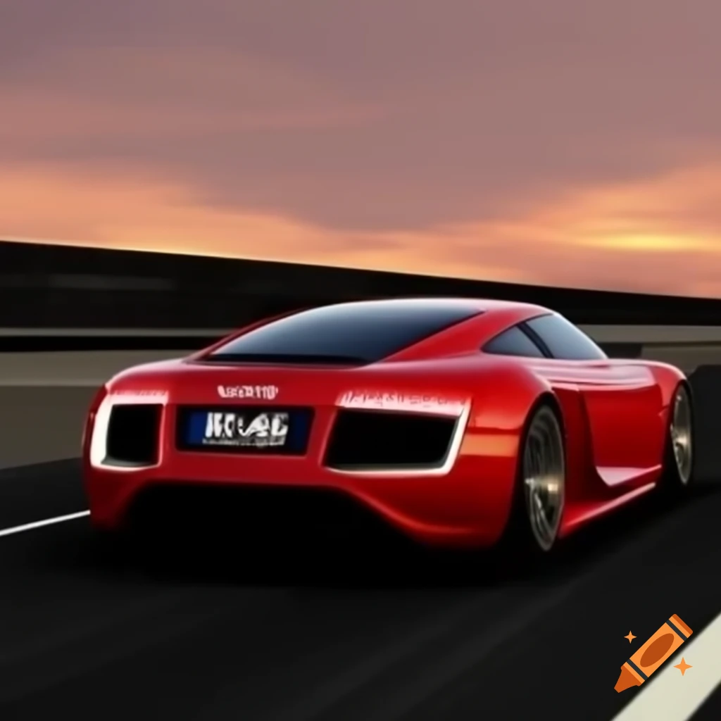 Futuristic minimalistic red 2004 Audi sports car on freeway at sunset ...