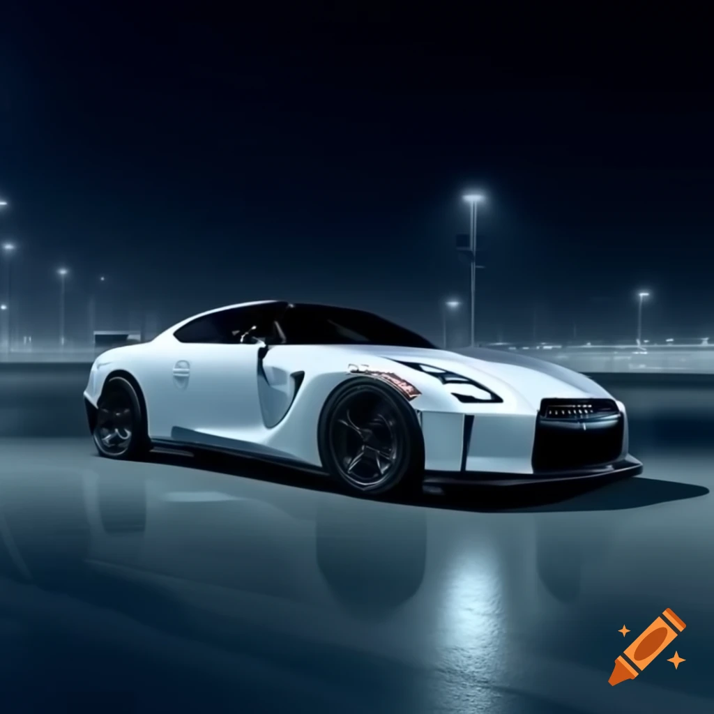 Futuristic white Nissan GTR Next Gen in Arctic at night, realistic ...