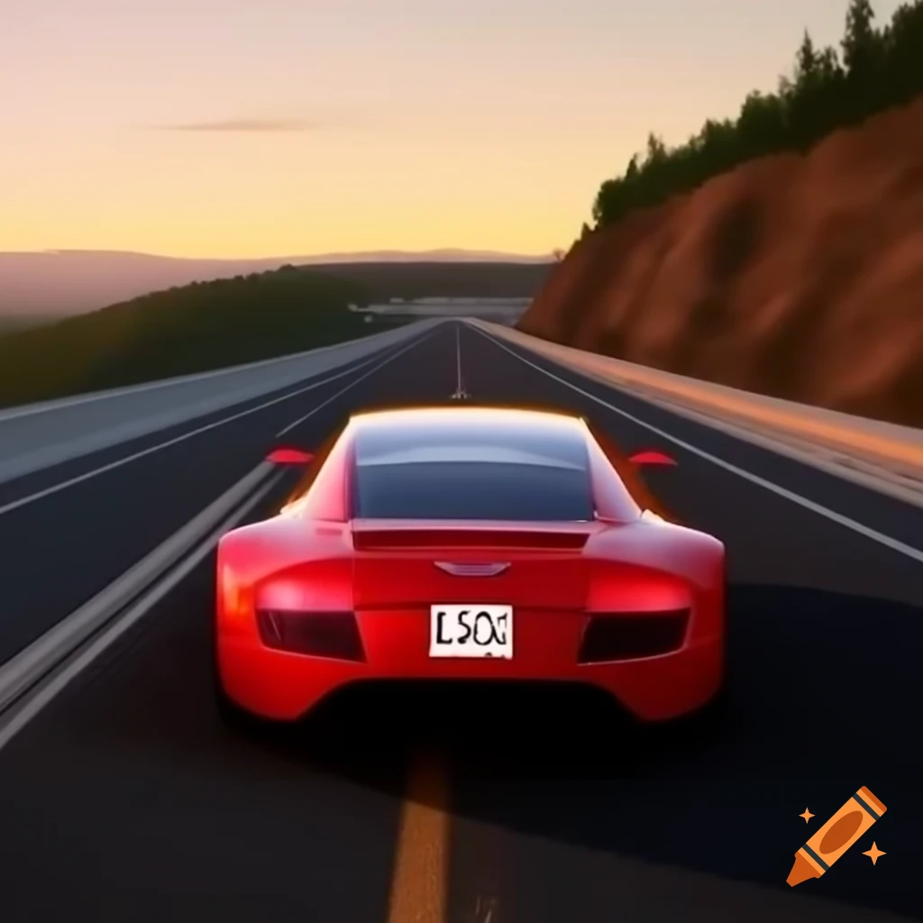 Futuristic minimalistic red 2004 Audi sports car on freeway at sunset ...