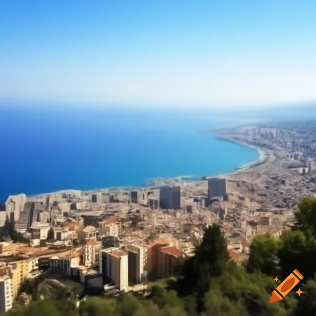Panoramic view of Mediterranean city with skyscrapers from the sea on ...