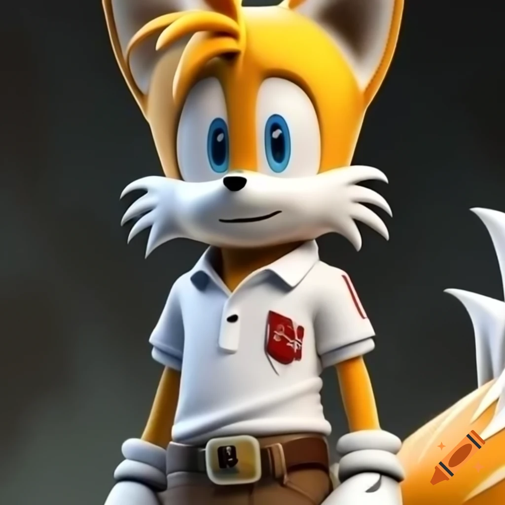 Tails character dressed in white polo shirt and brown jeans on Craiyon