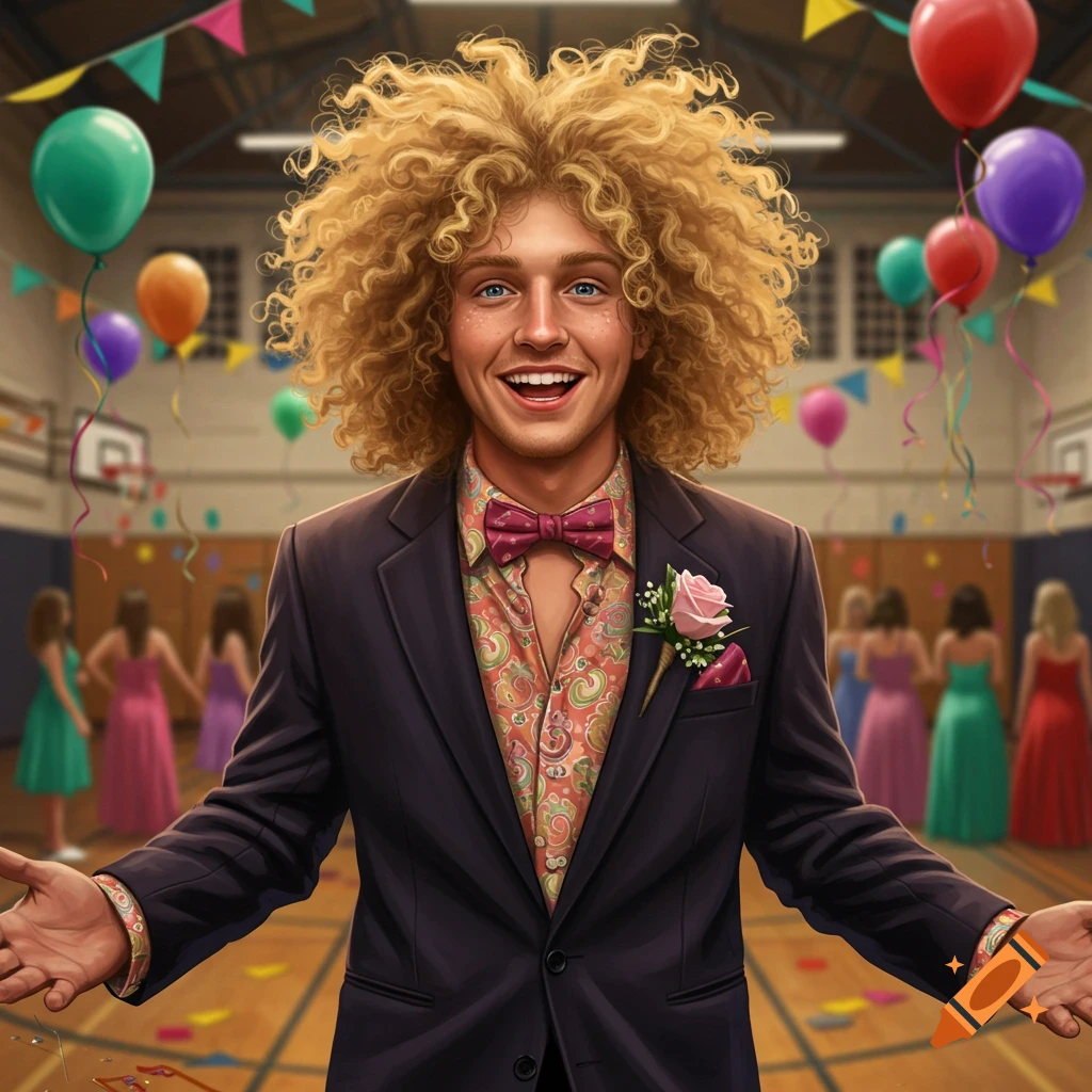 Blonde curly-haired hillbilly at prom night on Craiyon
