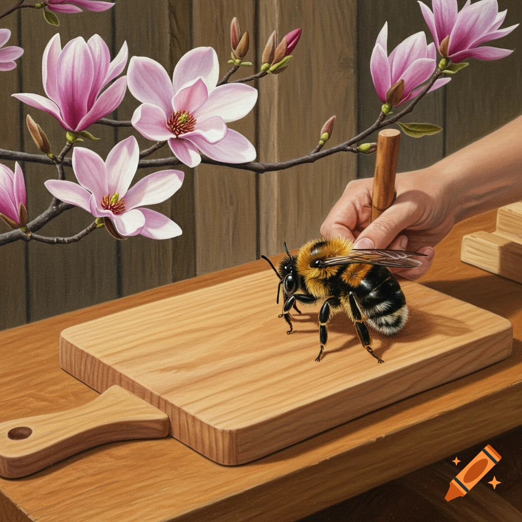Busy bee in a wood shop making a maple cutting board with springtime ...
