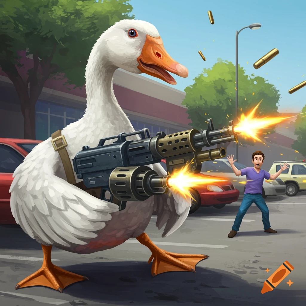 Angry goose with machine guns attacking a man in a parking lot on Craiyon