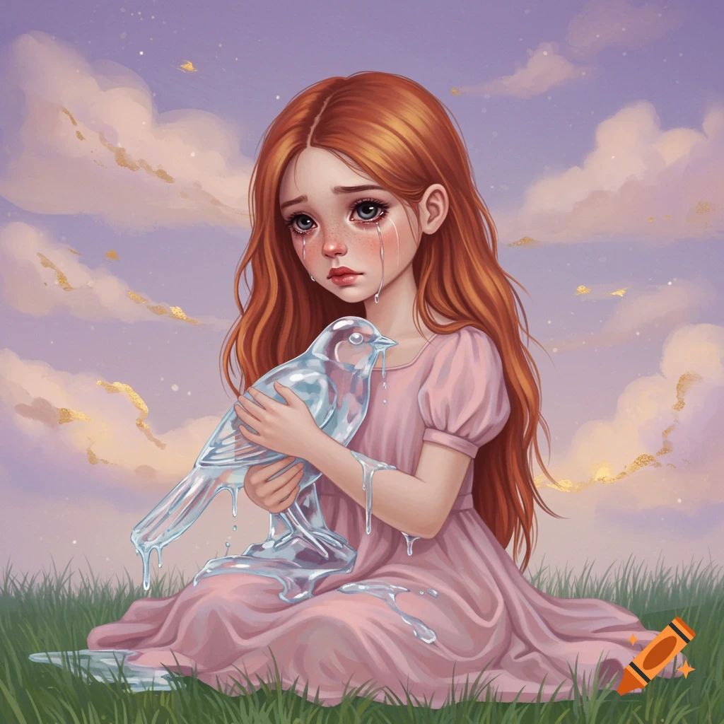 Girl crying holding bird ice sculpture on Craiyon