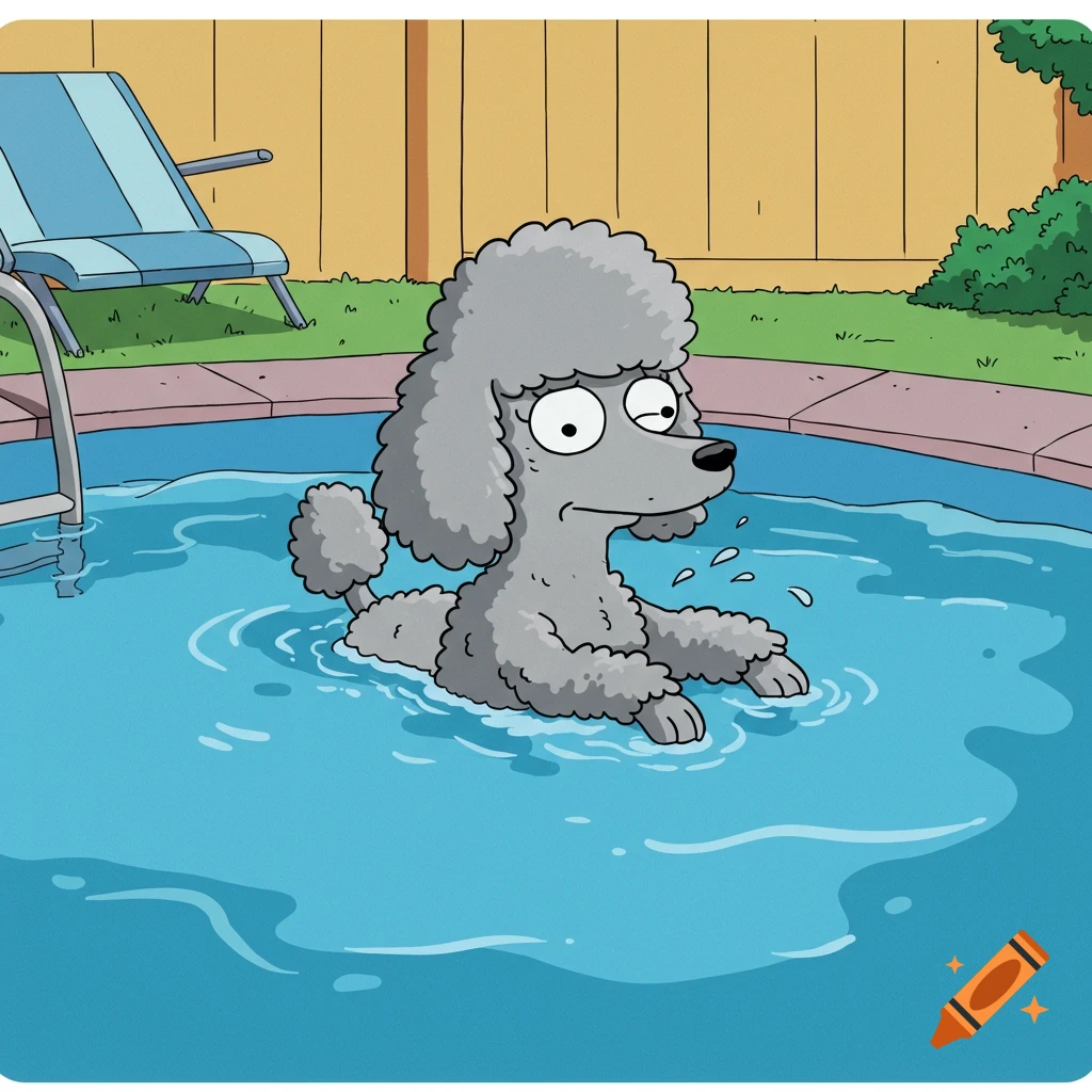 Grey poodle in a swimming pool, Simpsons style on Craiyon