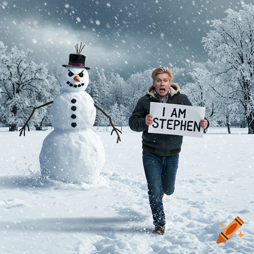 Cartoon man running from angry snowman with 'I am Stephen' sign on Craiyon