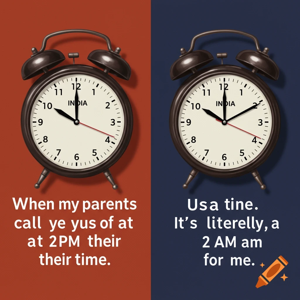 Time zone difference meme with clocks showing India and USA times on ...
