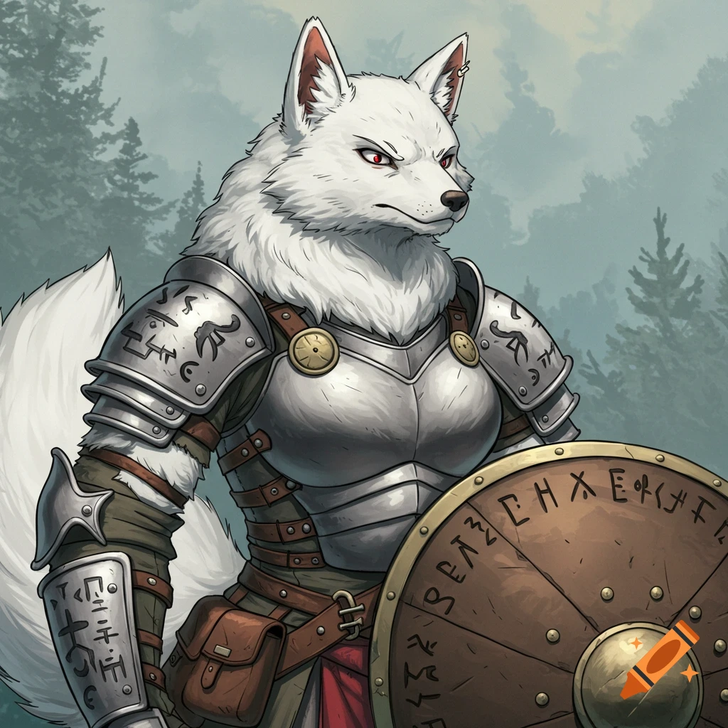 Anime shield maiden white fox anthropomorphic character on Craiyon