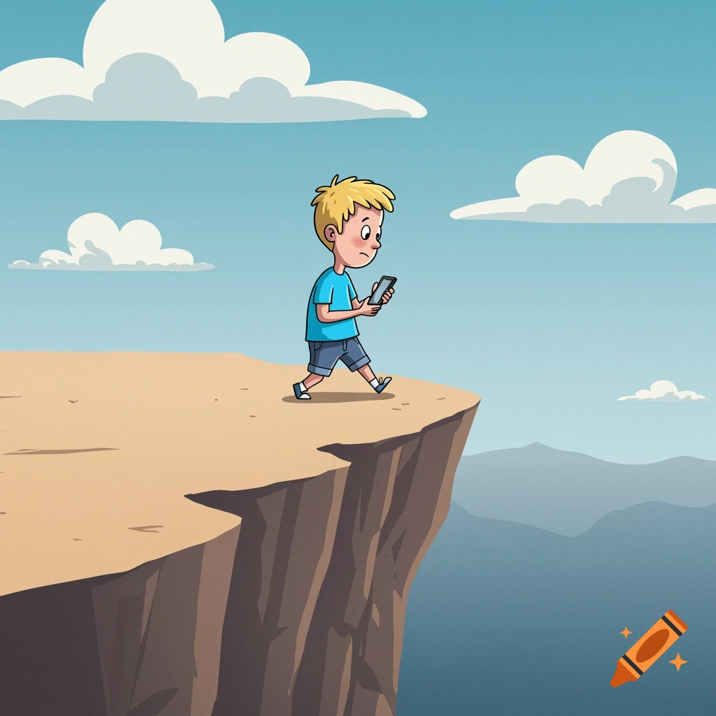 Cartoon of blond boy walking off cliff while staring at cell phone. on Craiyon
