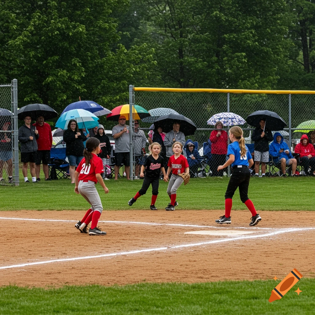 Little league girls playing softball in the rain with spectators under umbrellas on Craiyon