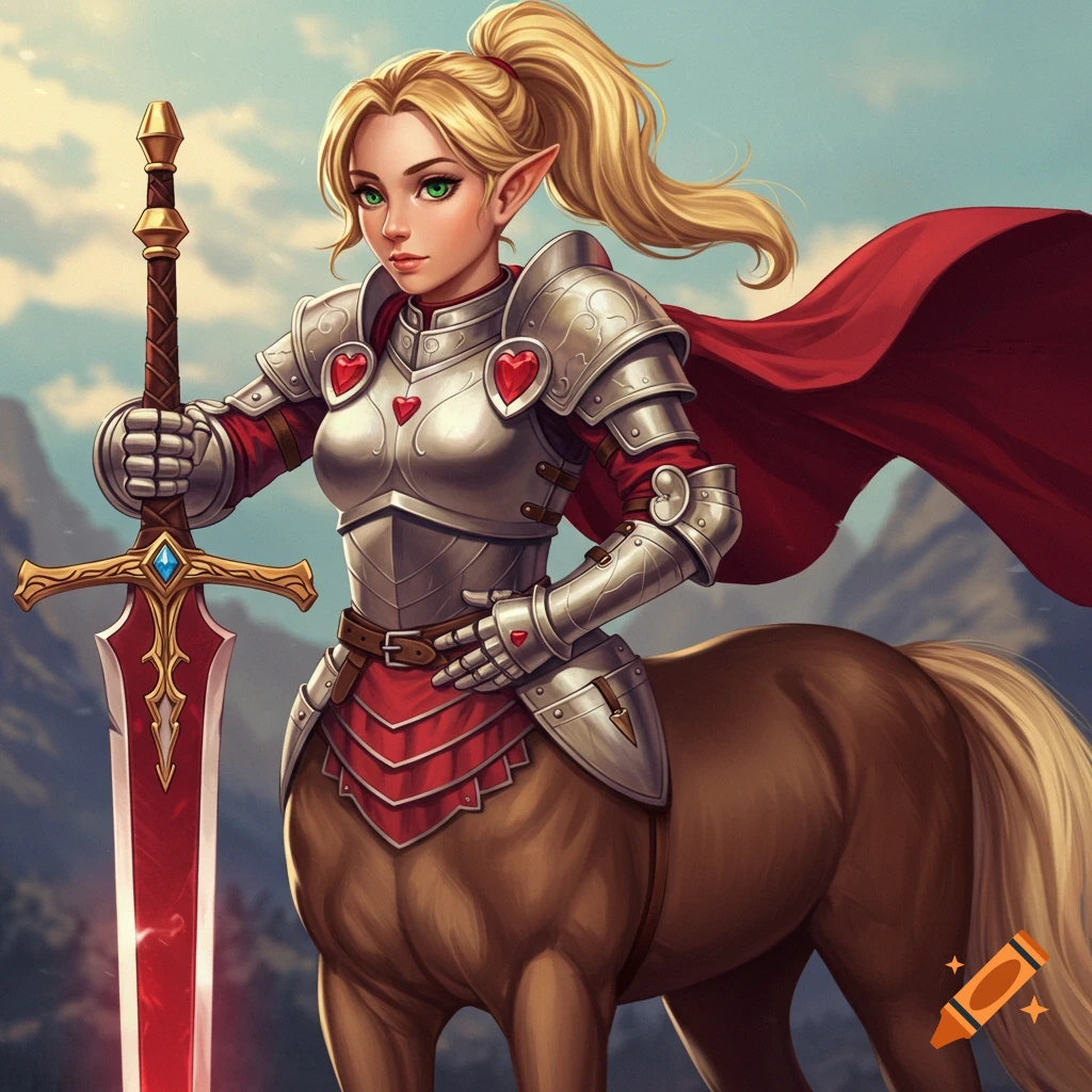 Centaur knight with sword, silver and red armor on Craiyon