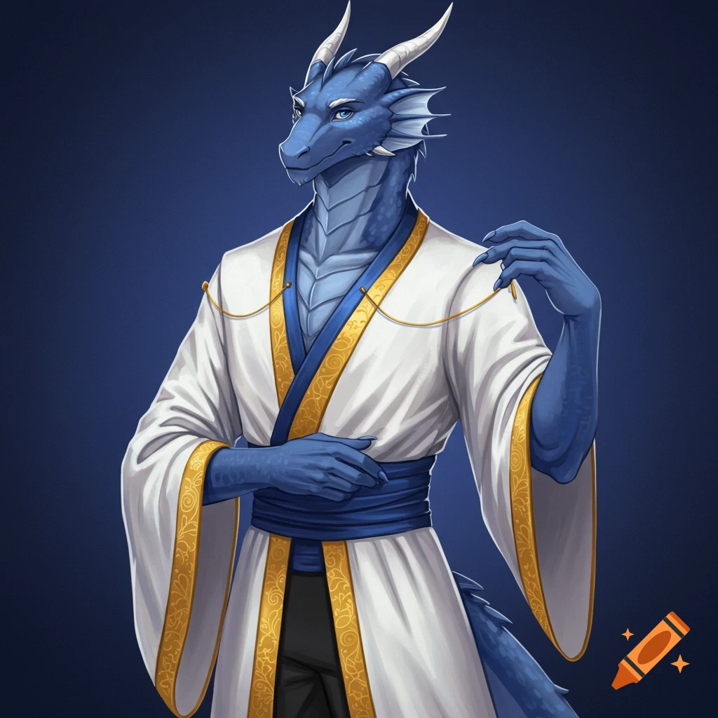 Anthropomorphic blue dragon in white and gold robes on Craiyon