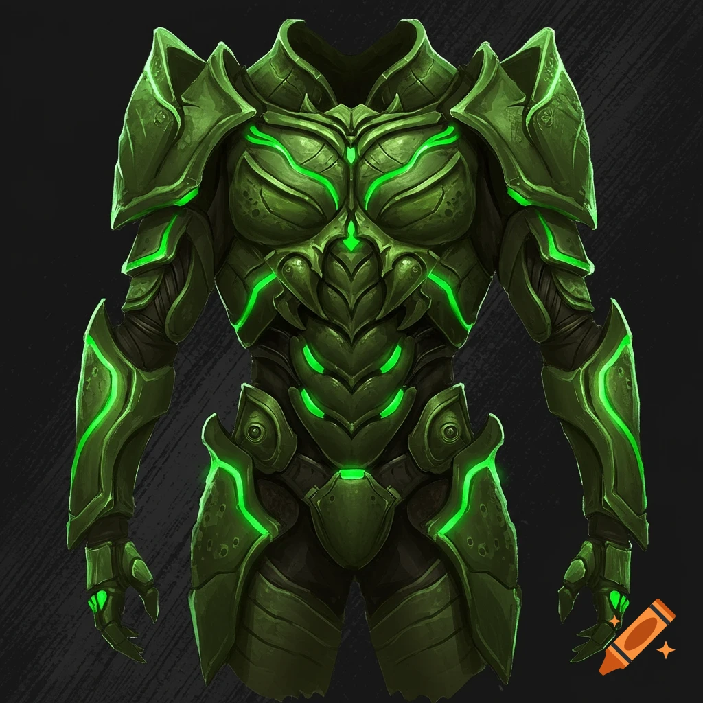 Green body armor with insect design and glowing highlights on Craiyon