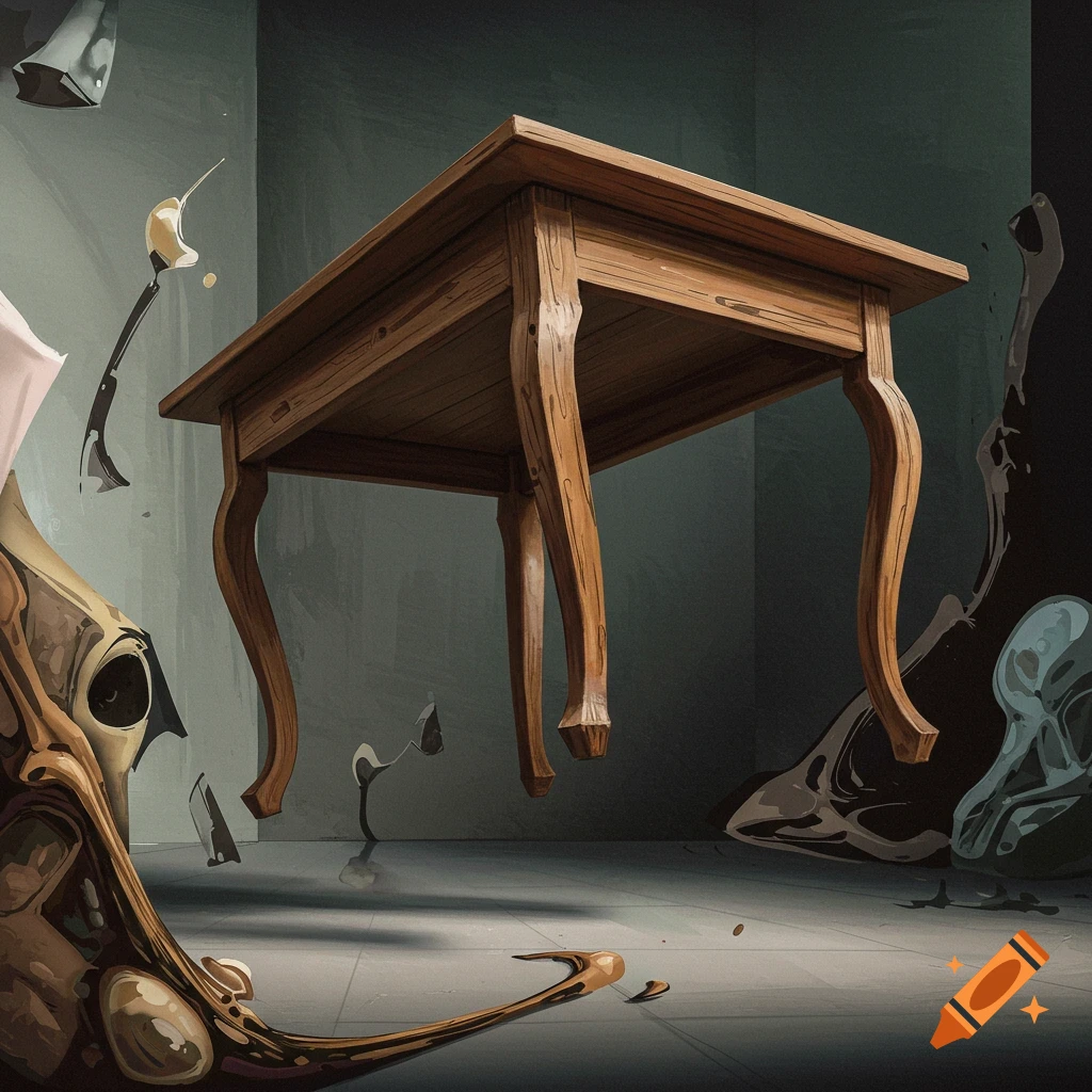 Upside down wooden table in Max Ernst surrealism style on Craiyon