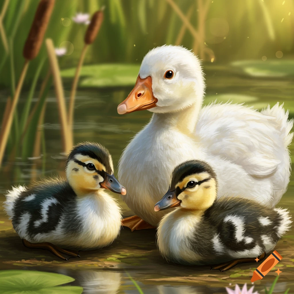 Three magpie ducklings huddling next to an Embden gosling on Craiyon