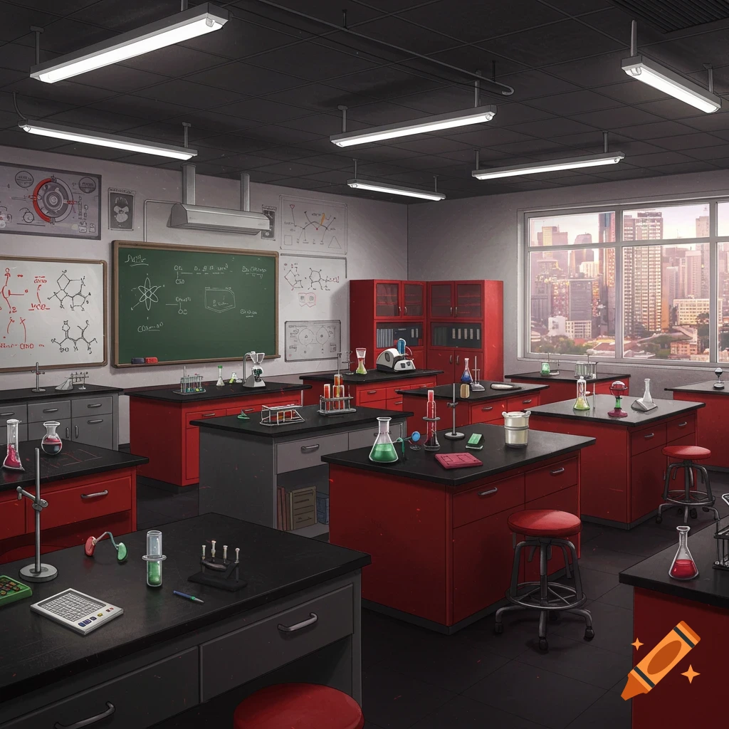 Science classroom interior design in red, black, and white on Craiyon
