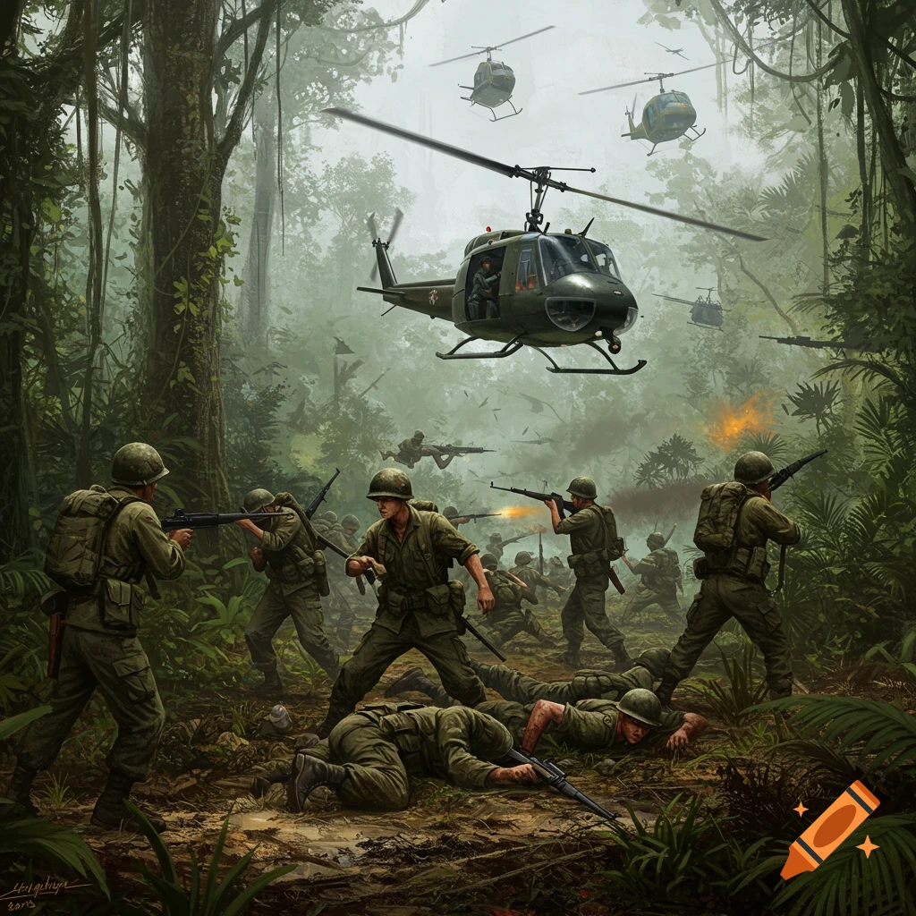 U.S. soldiers fighting in Vietnam jungle with helicopters on Craiyon