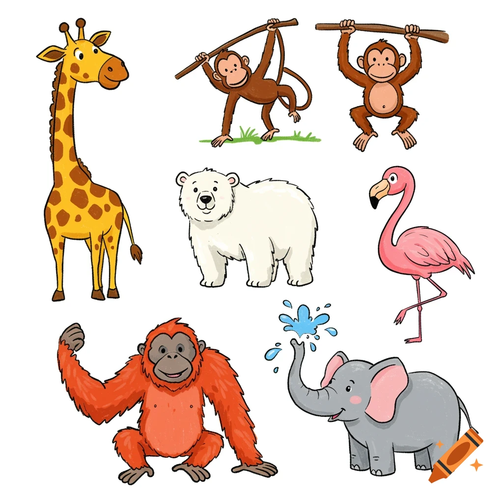 Drawings of zoo animals for a children's book on Craiyon