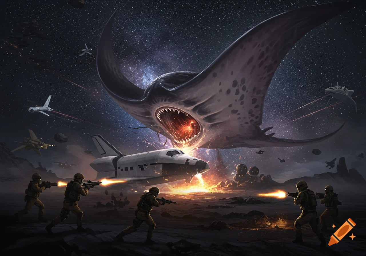 Manta Ray-like alien attacks space shuttle with Marines on exoplanet on Craiyon