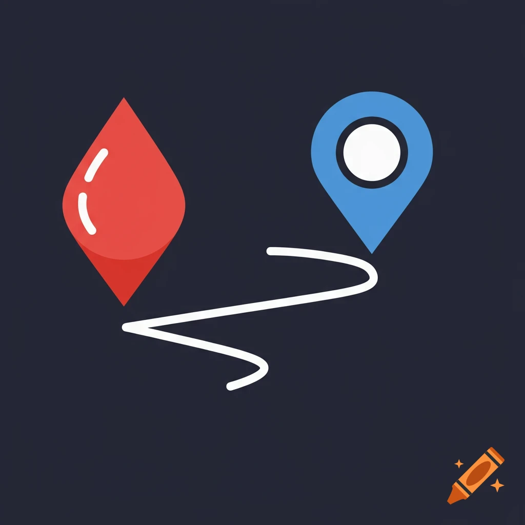 Red and blue map pin icons connected by a swirly path on Craiyon
