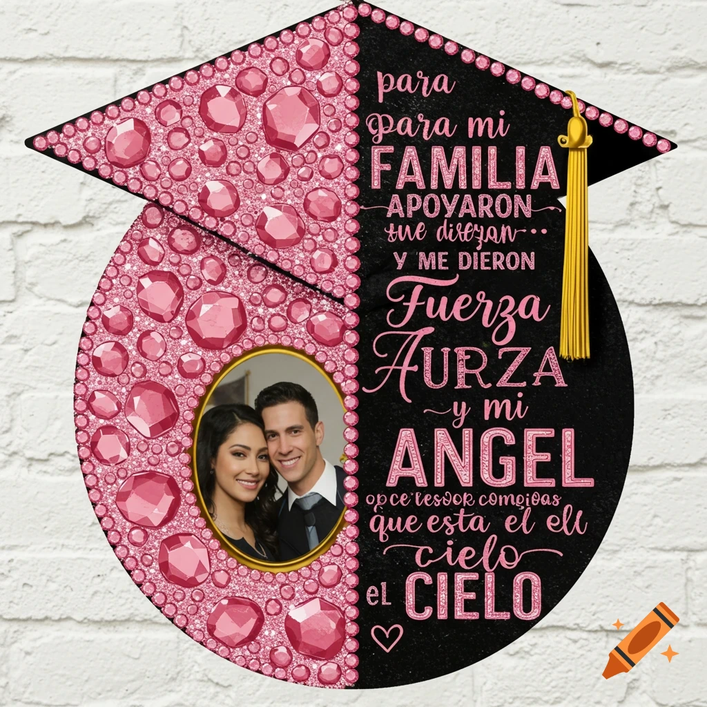 Graduation cap design with pink gems and Spanish quote on Craiyon