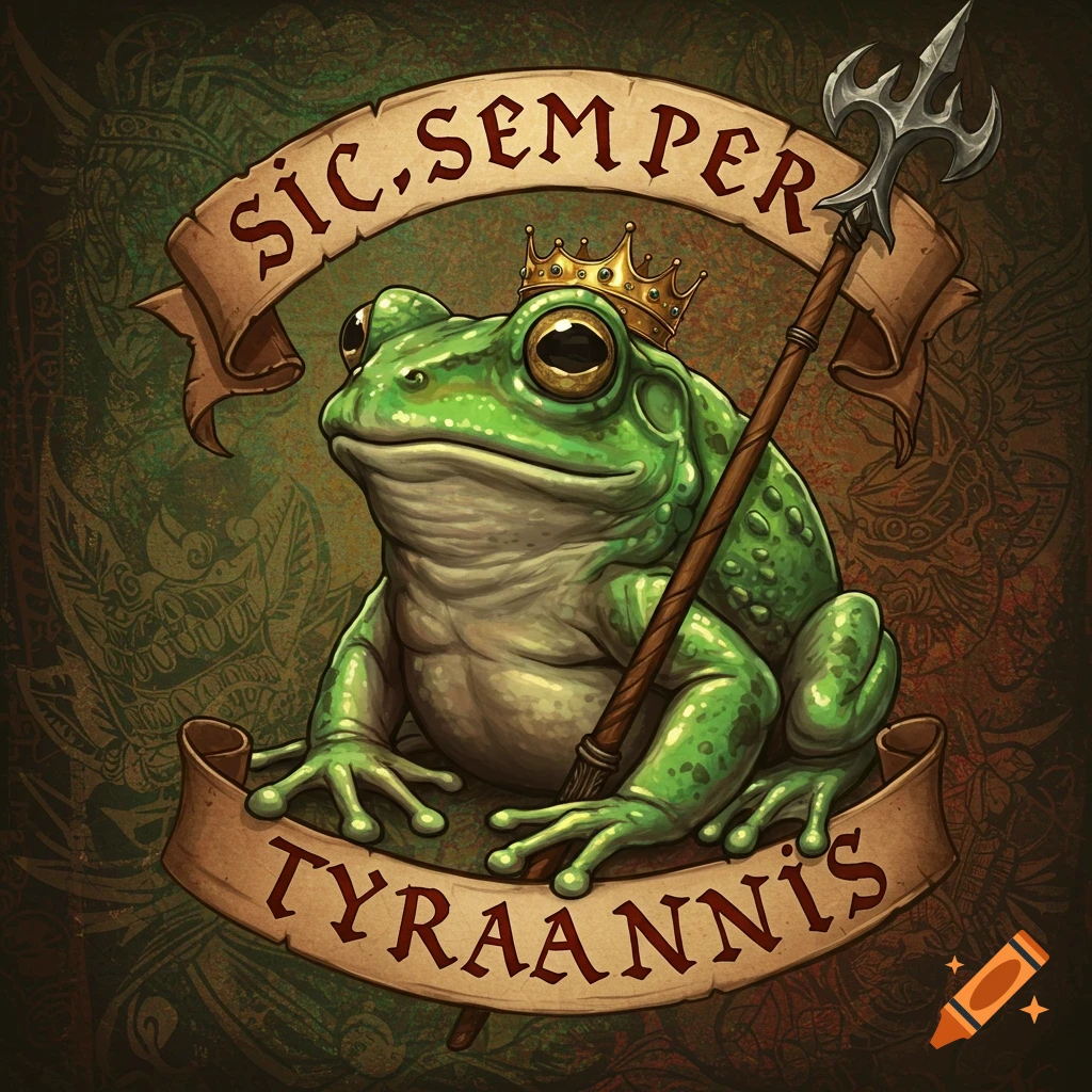Frog with the phrase 'sic semper tyrannis' on Craiyon