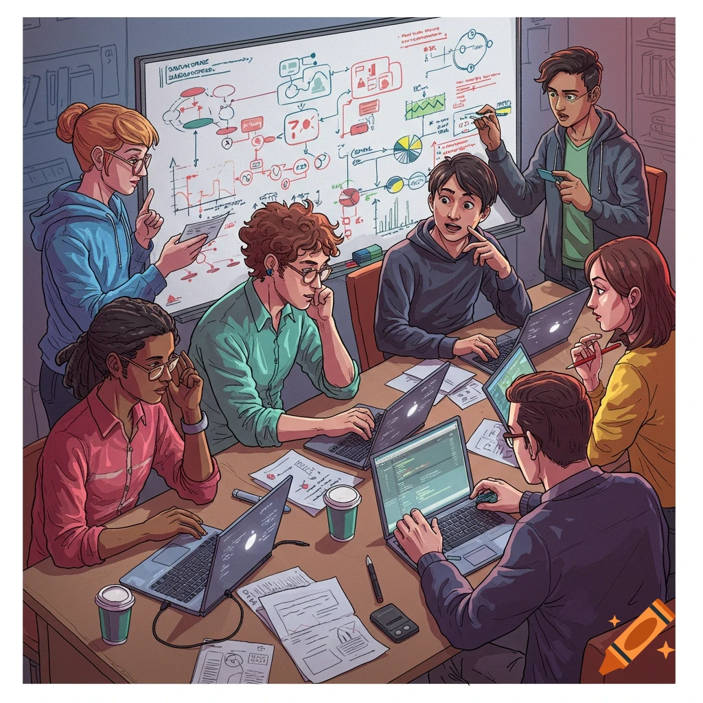 Computer science council meeting with laptops and diagrams on Craiyon