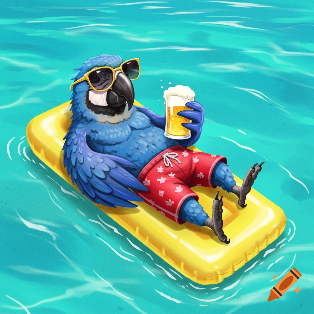 Parrot wearing swimming trunks and sunglasses on a float in the ocean ...