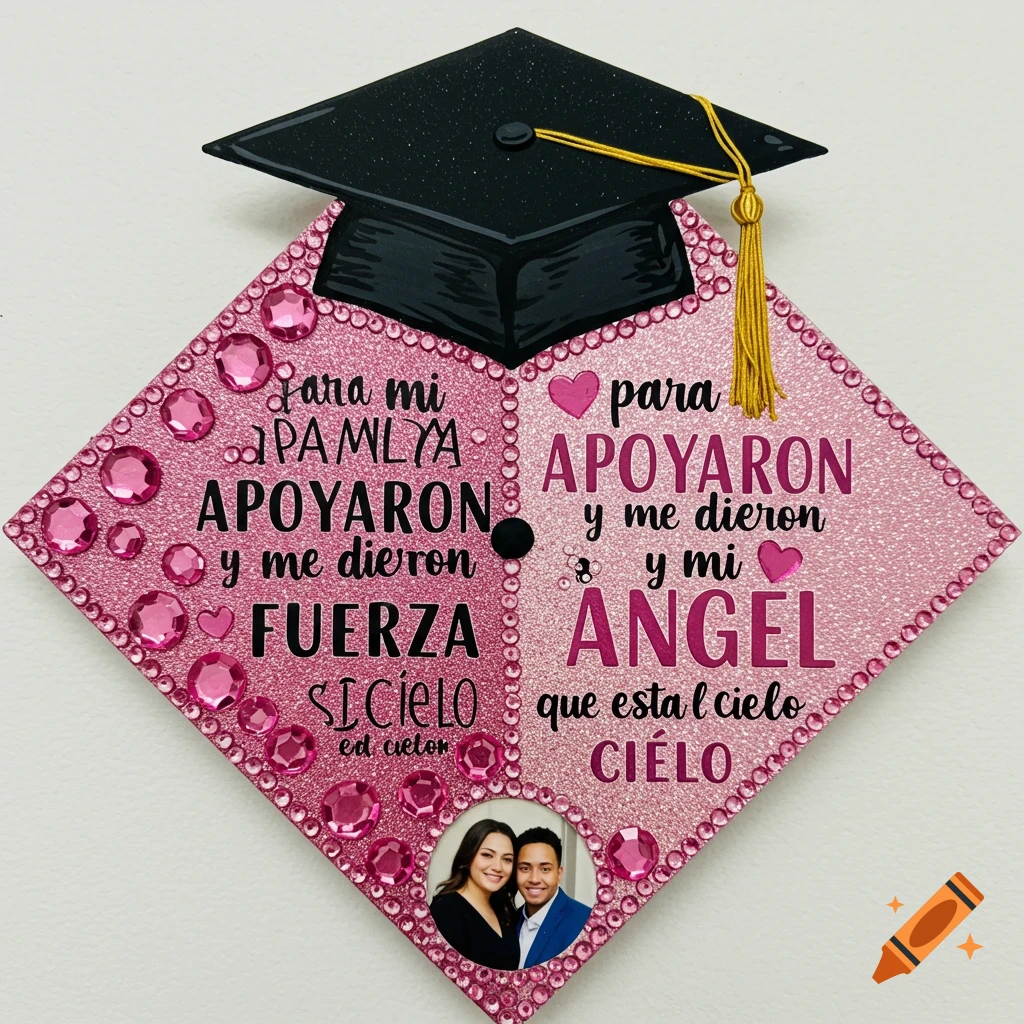 Graduation cap design with pink gems, Spanish text, and photo on Craiyon