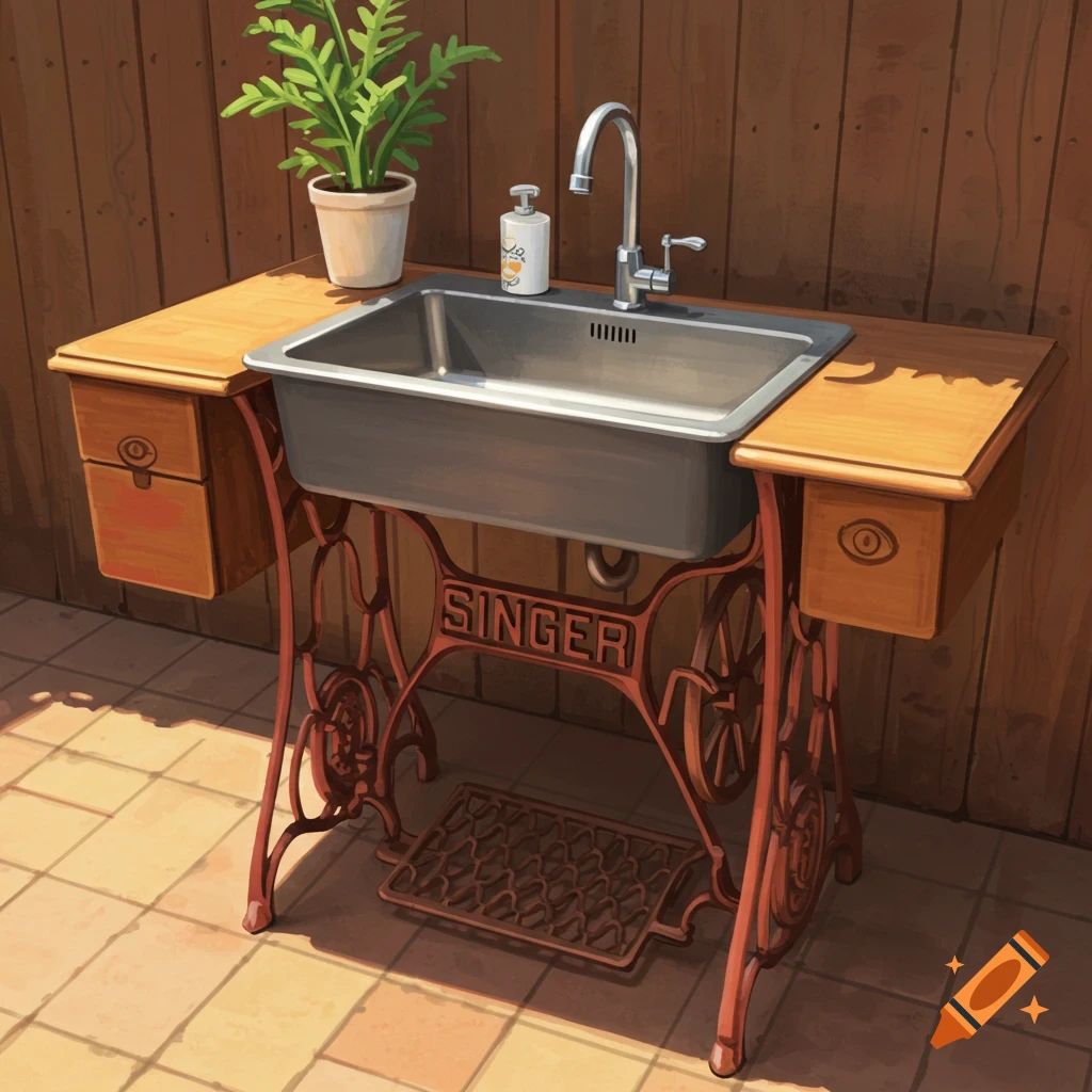 Singer sewing machine base with a modern, bright outdoor sink on Craiyon