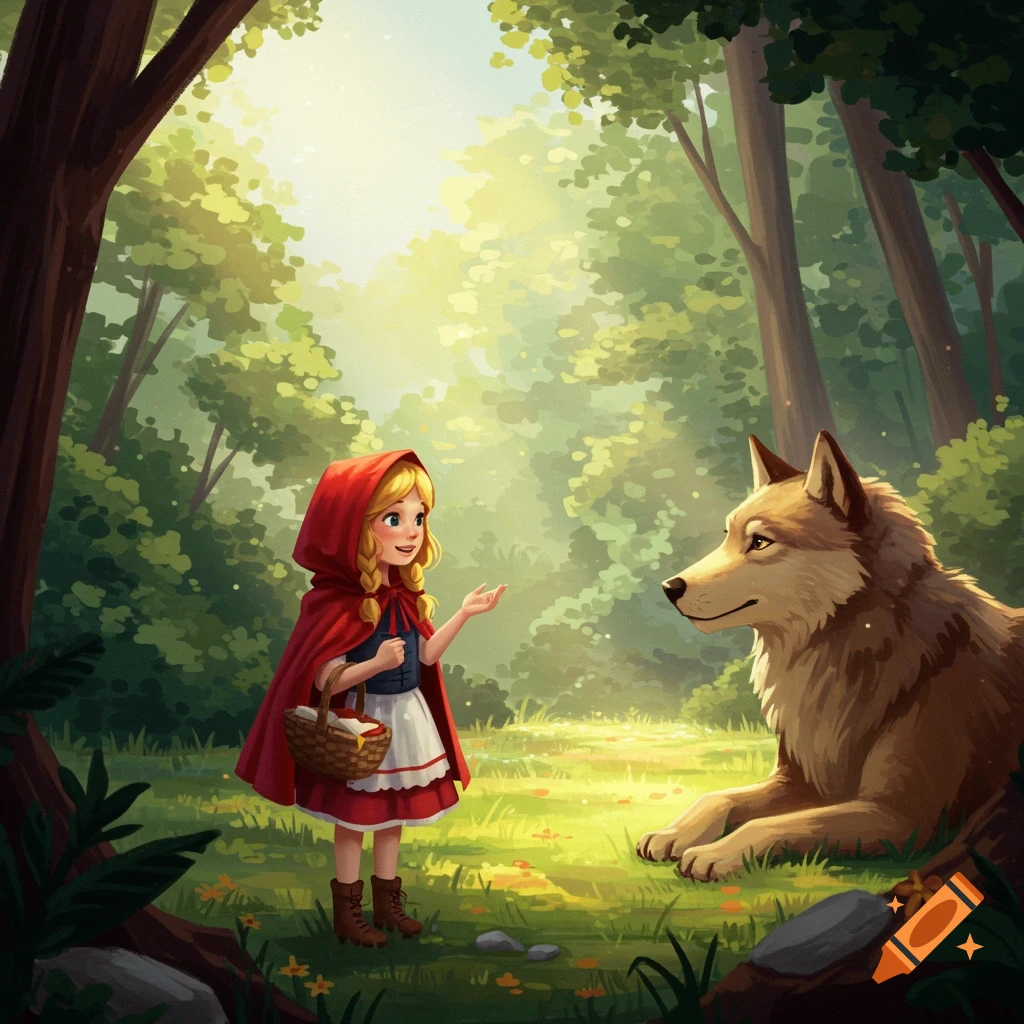Little Red Riding Hood meets a talking wolf in the woods on Craiyon