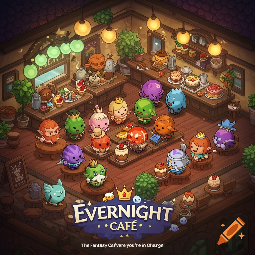 Fantasy-themed Evernight Cafe game advertisement with circular ...