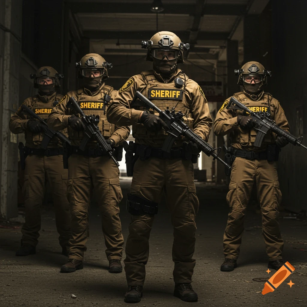 Sheriff department SWAT team in brown combat uniforms on Craiyon
