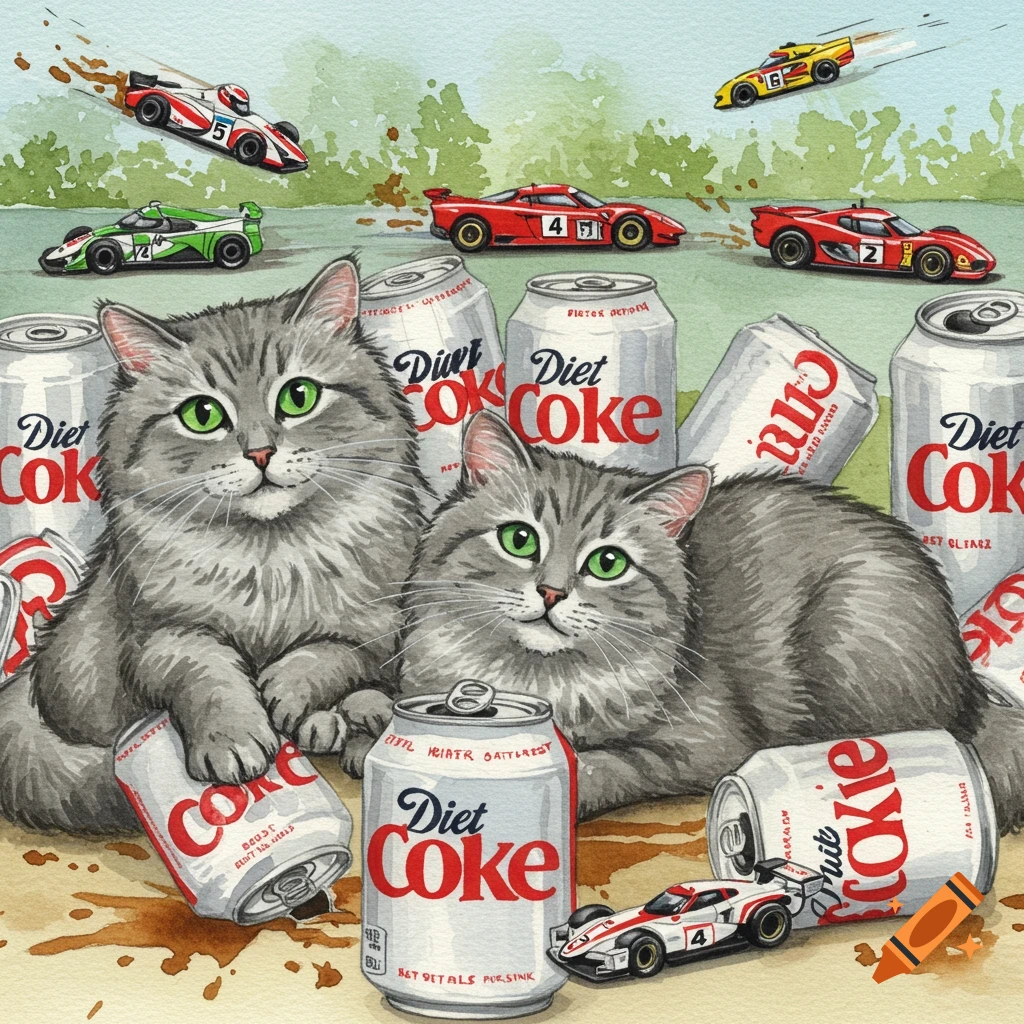 Watercolor illustration featuring grey cats, Diet Coke, and race cars ...