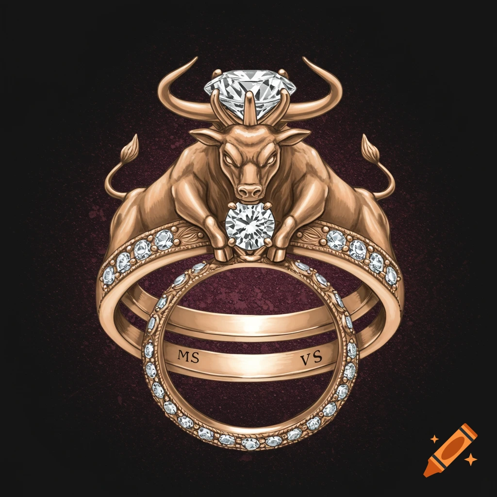 Engagement ring with Taurus symbol, initials MS and VS, and lace design ...