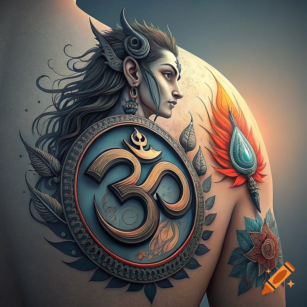 Om symbol tattoo with Hindu gods in a modern style on Craiyon