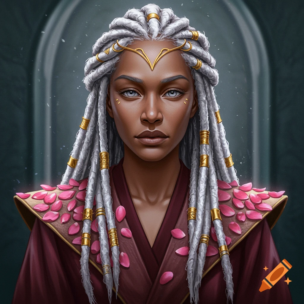 Woman in ceremonial robes with silver locs and runed braid on Craiyon