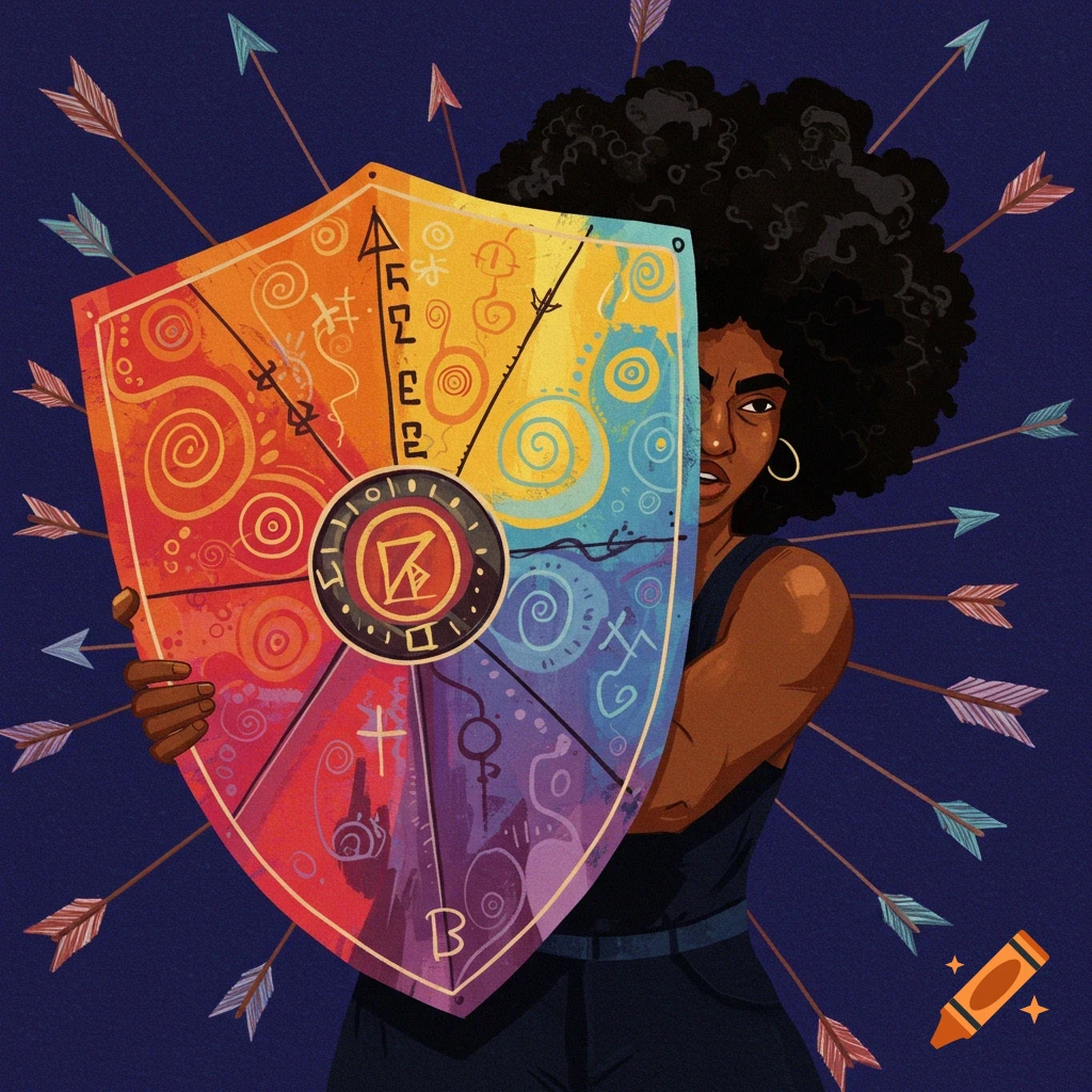 Person holding colorful shield against arrows of prejudice on Craiyon