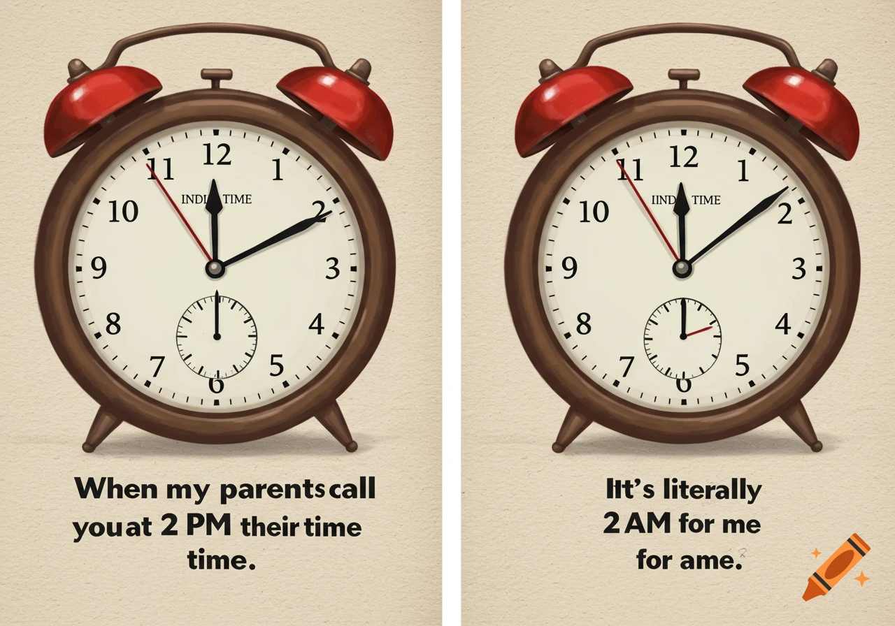 Time zone difference meme with clocks showing India and USA times on ...