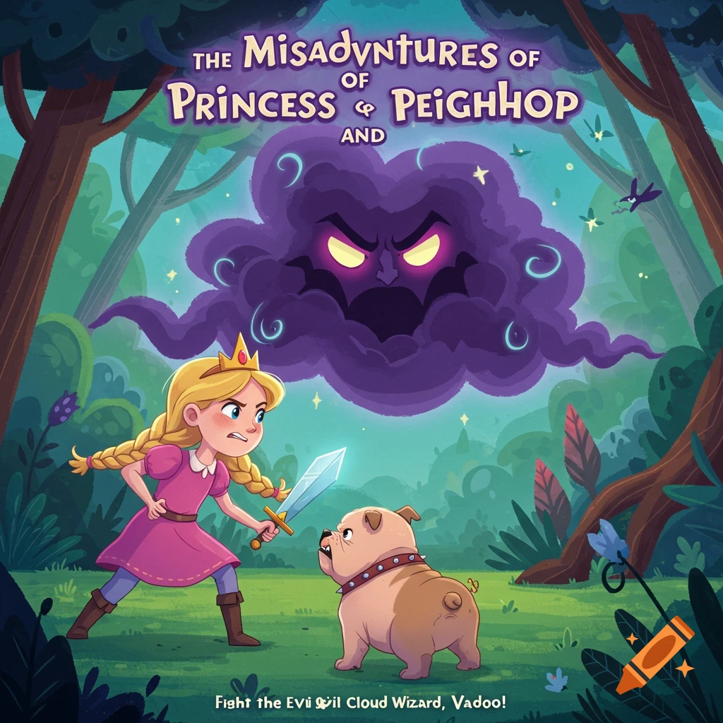 Book cover: The Misadventures of Princess Peighton and Porkchop on Craiyon