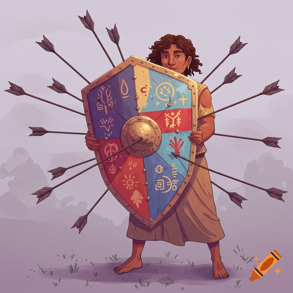 Person holding colorful shield against arrows of prejudice on Craiyon