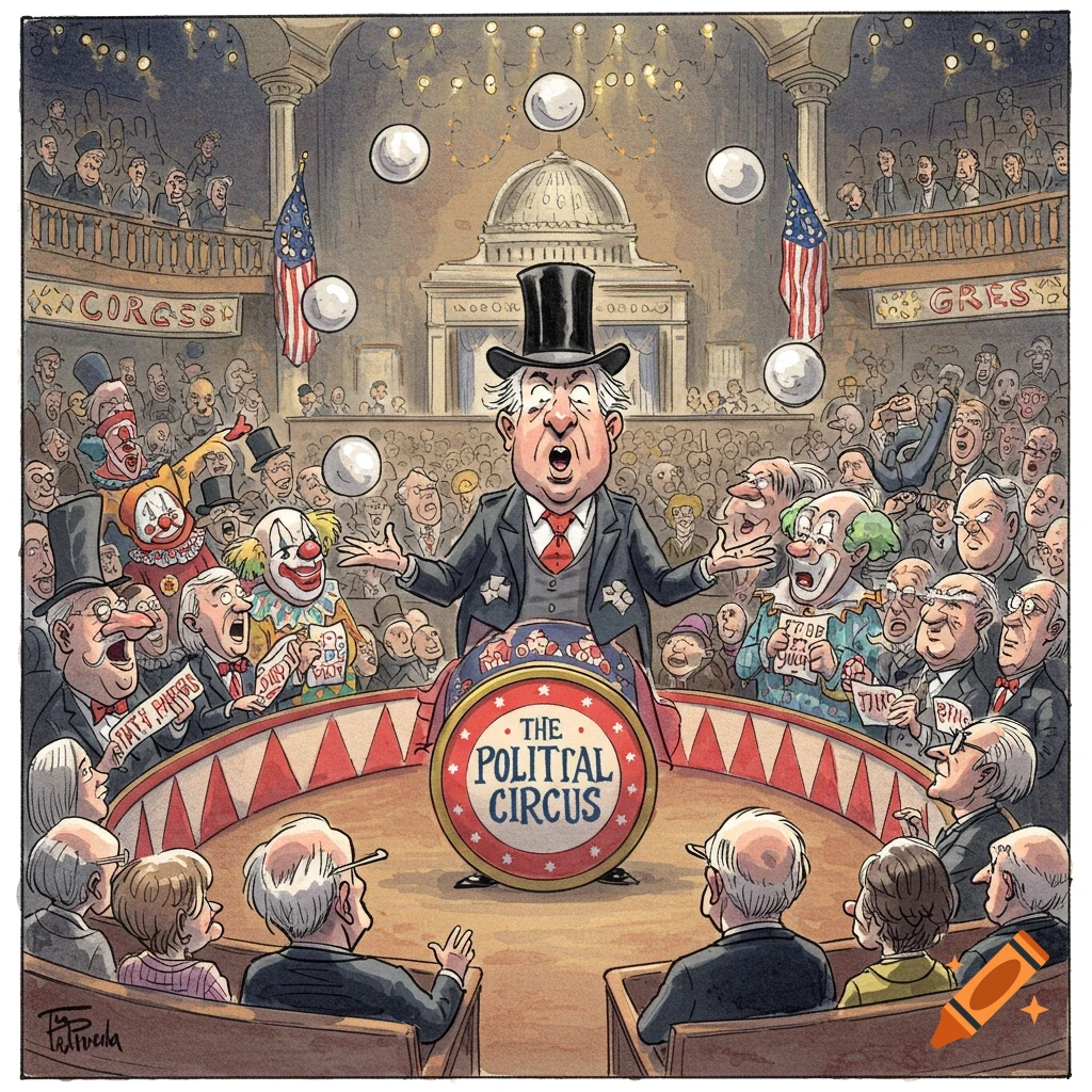 Political cartoon of Congress as a circus with politicians, clowns, and ...