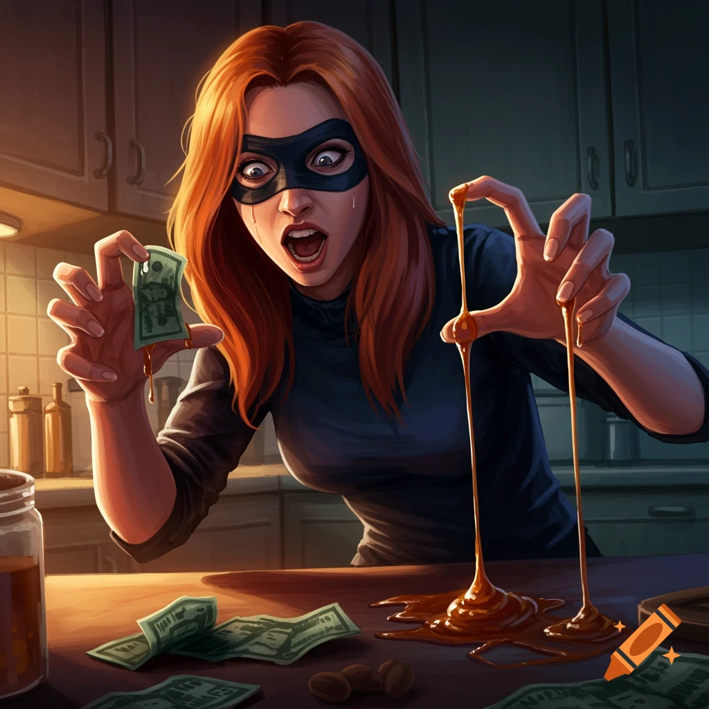 Female burglar stealing money with syrup on her hands and fingers ...