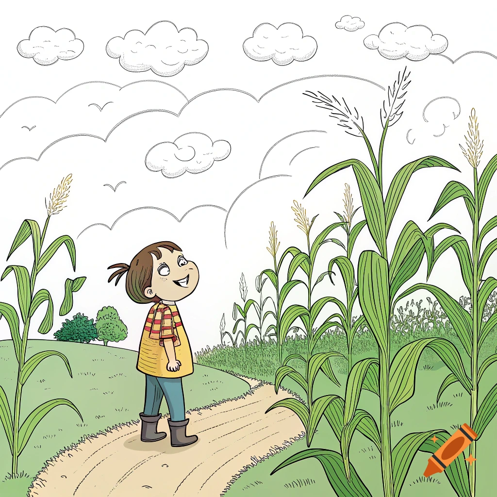 Coloring page of a child in a cornfield on Craiyon