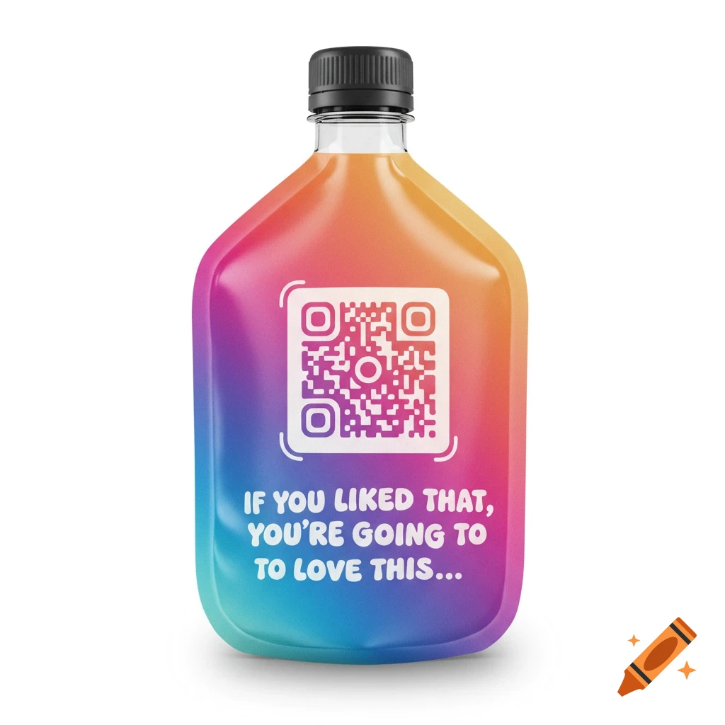 Water bottle cling with QR code and text: 'if you liked that, you’re ...