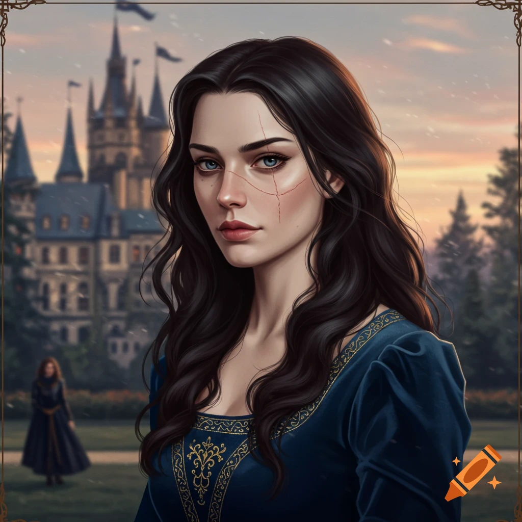 Young woman with dark hair and scar in medieval times on Craiyon