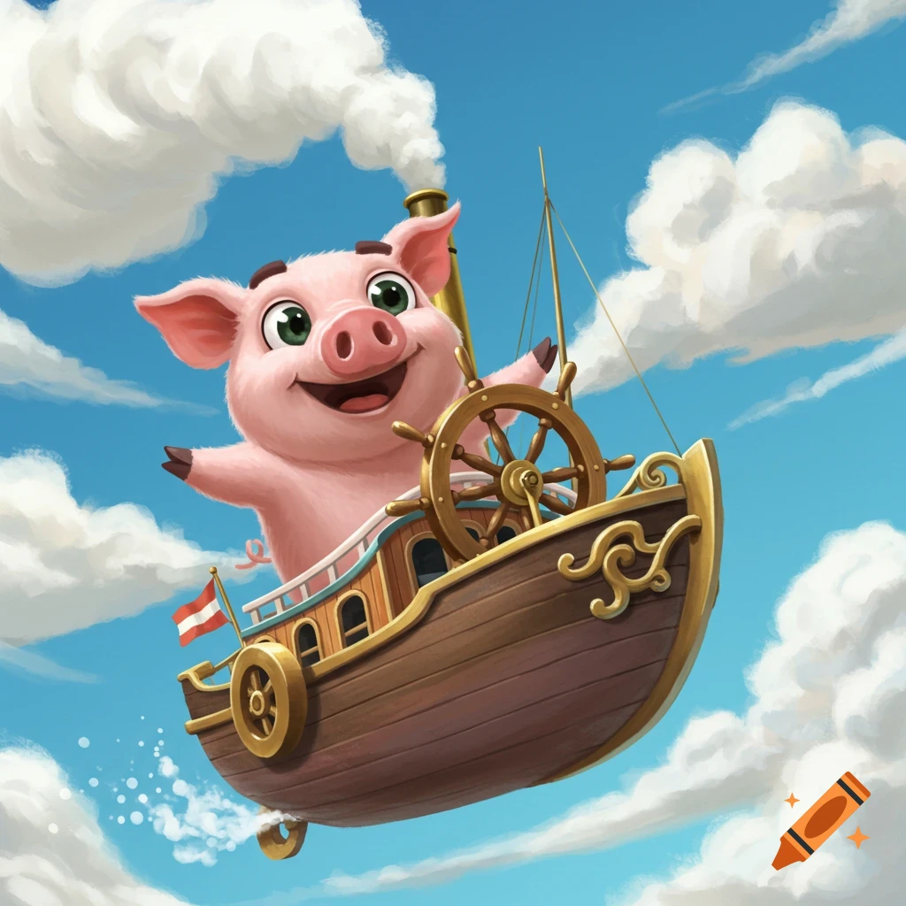 Flying pig riding a steamboat cartoon illustration style image for SEO ...