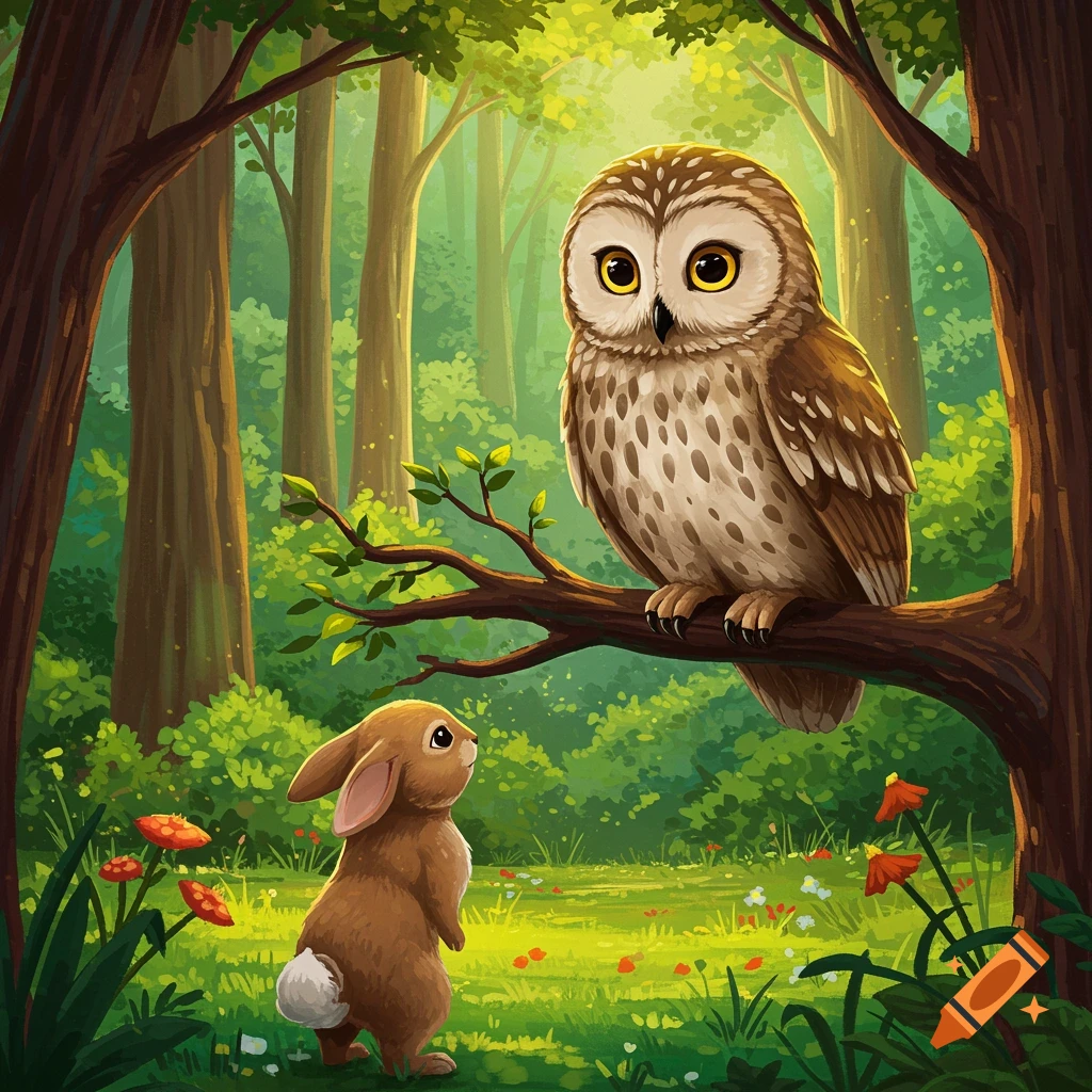Brown rabbit and wise owl in a colorful forest on Craiyon