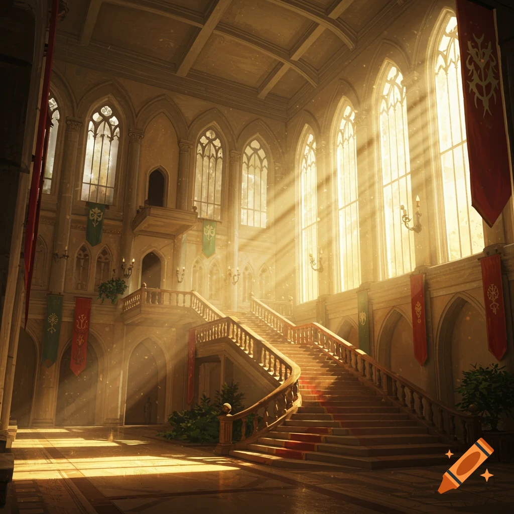 High-fantasy castle atrium with staircase and banners on Craiyon